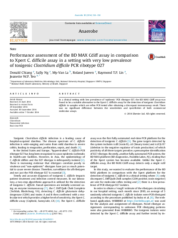 (PDF) Performance assessment of the BD MAX Cdiff assay in comparison to ...