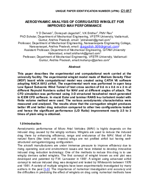 (DOC) AERODYNAMIC ANALYSIS OF CORRUGATED WINGLET FOR IMPROVED MAV ...