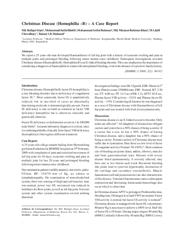 (PDF) Christmas Disease (Hemophilia –B) – A Case Report