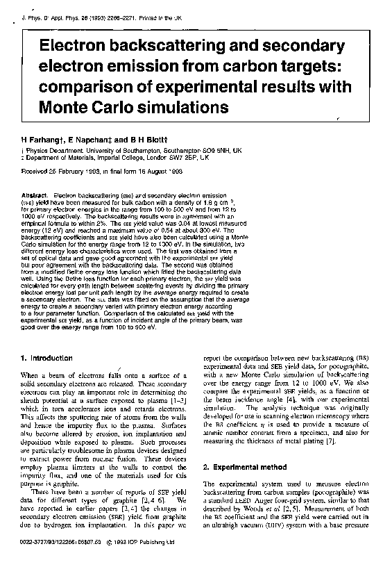 (PDF) Electron backscattering and secondary electron emission from carbon targets: comparison of ...