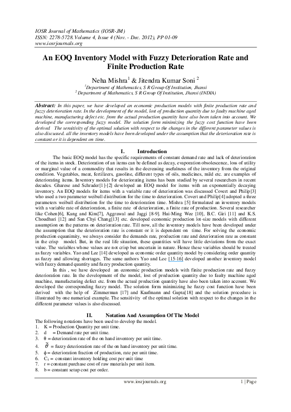 Pdf An Eoq Inventory Model With Fuzzy Deterioration Rate And Finite Production Rate