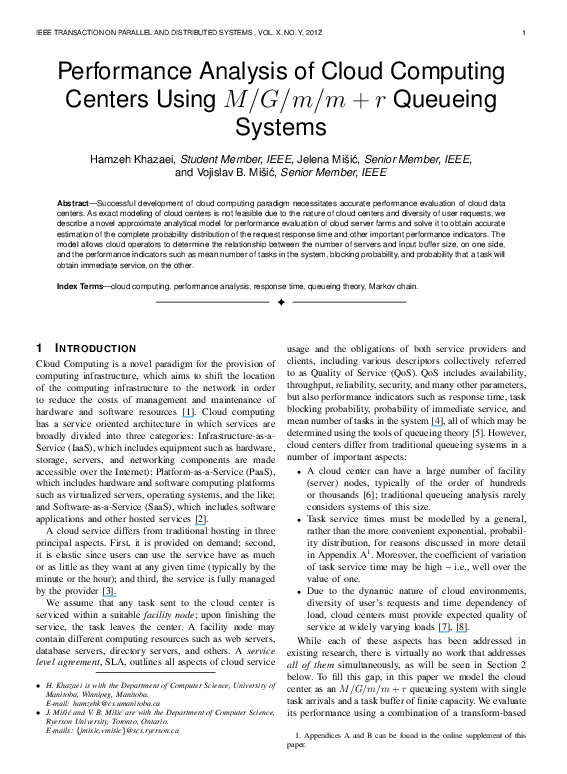 (PDF) Performance Analysis of Cloud Computing Centers Using M/G/m/m+r Queuing Systems