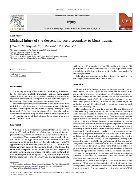 (PDF) Minimal injury of the descending aorta secondary to blunt trauma ...
