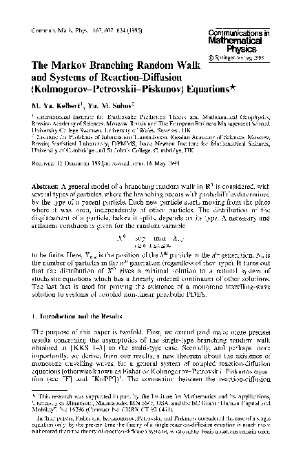 (PDF) The Markov branching random walk and systems of reaction-diffusion (Kolmogorov-Petrovskii ...