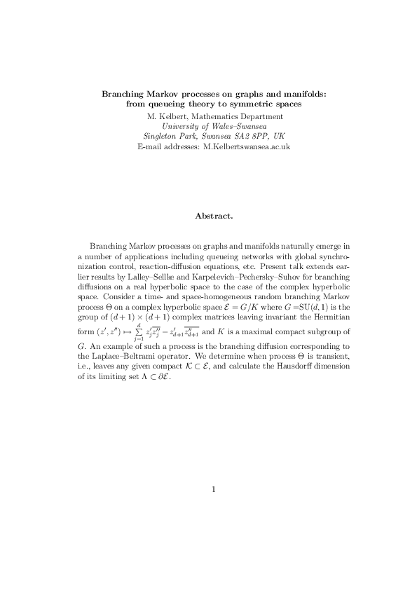 (PDF) Branching Markov processes on graphs and manifolds: from queueing theory to symmetric spaces