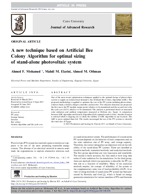 Pdf A New Technique Based On Artificial Bee Colony Algorithm For Optimal Sizing Of Stand Alone