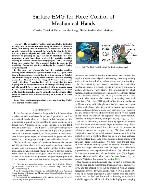 (PDF) Surface EMG for force control of mechanical hands