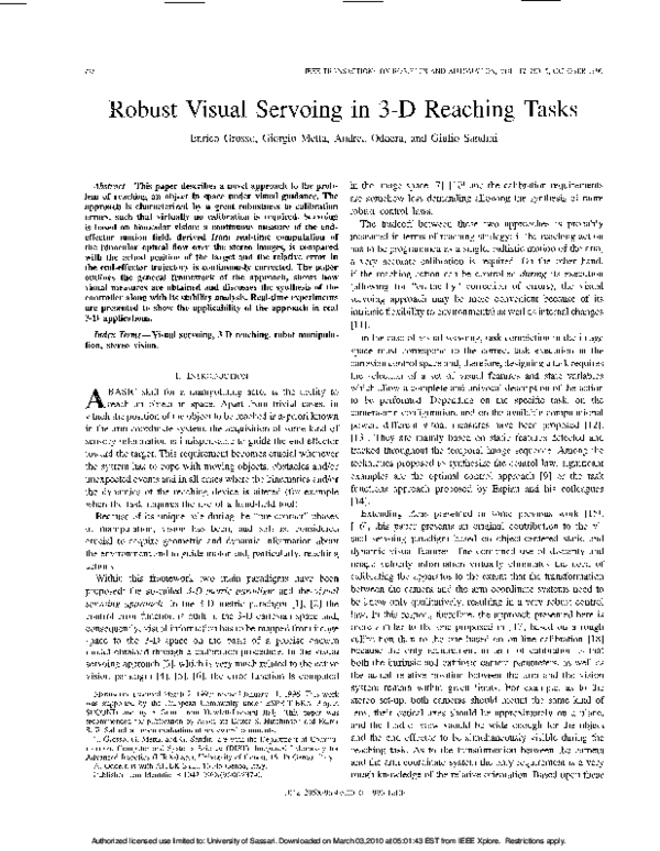 Pdf Robust Visual Servoing For 3d Object Reaching Tasks