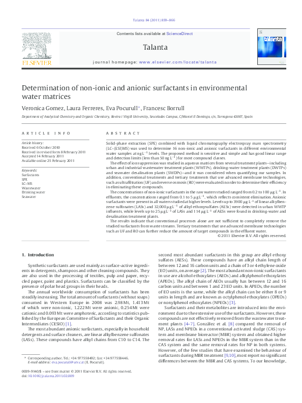 Pdf Determination Of Non Ionic And Anionic Surfactants In Environmental Water Matrices