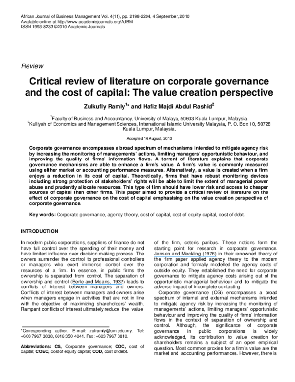 (PDF) Critical review of literature on corporate governance and the cost of capital: The value ...