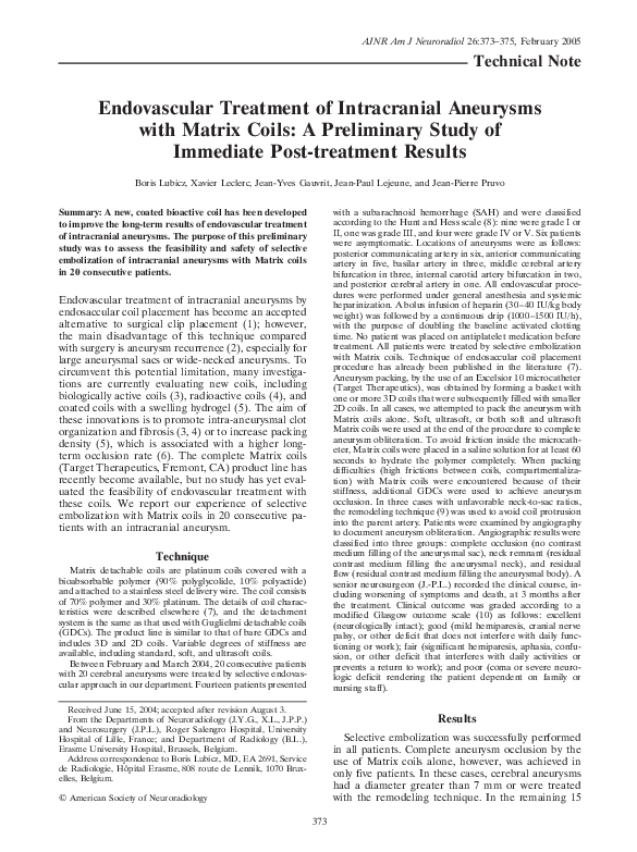 Pdf Endovascular Treatment Of Intracranial Aneurysms By Using Guglielmi Detachable Coils In