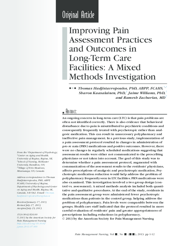 (PDF) Improving Pain Assessment Practices and Outcomes in Long-Term Care Facilities: A Mixed ...