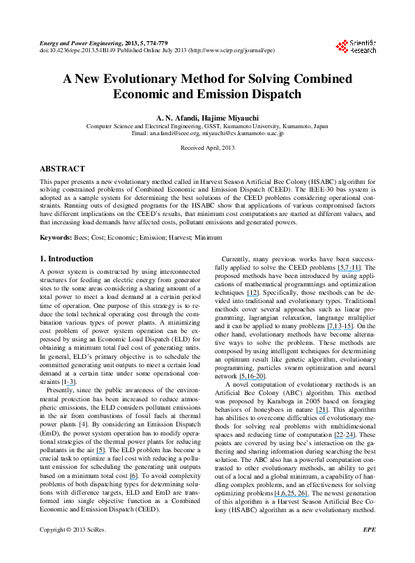 (PDF) A New Evolutionary Method for Solving Combined Economic and Emission Dispatch
