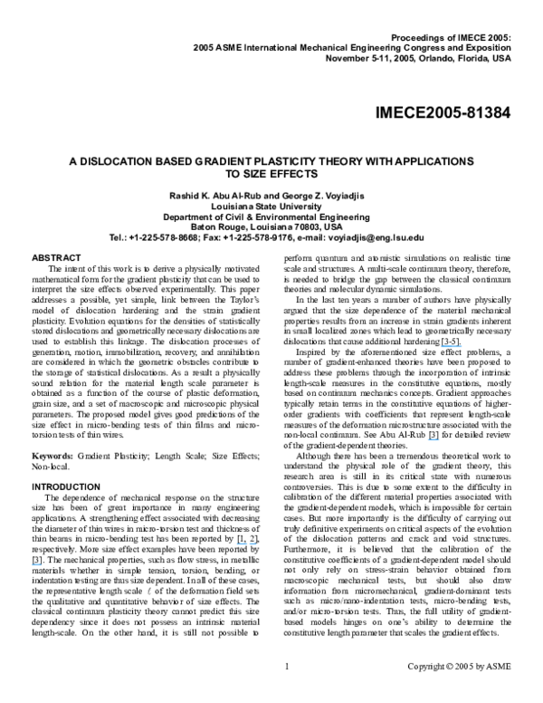(PDF) A Dislocation Based Gradient Plasticity Theory With Applications to Size Effects | Rashid ...