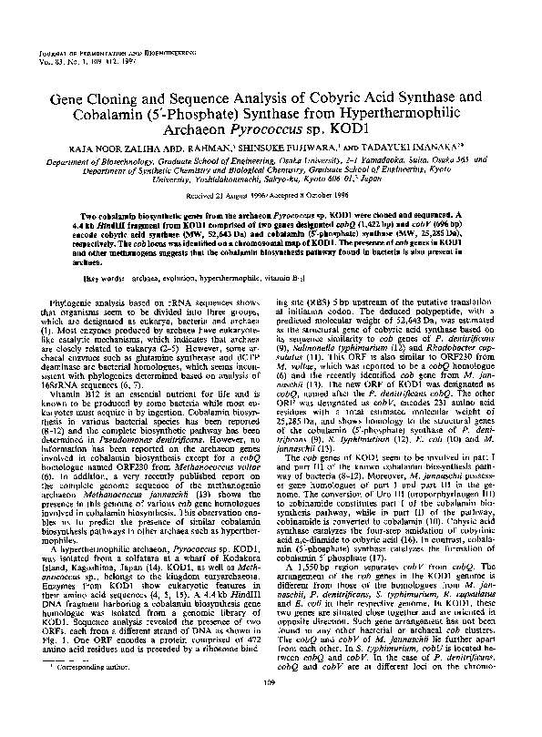 (PDF) Gene cloning and sequence analysis of cobyric acid synthase and ...