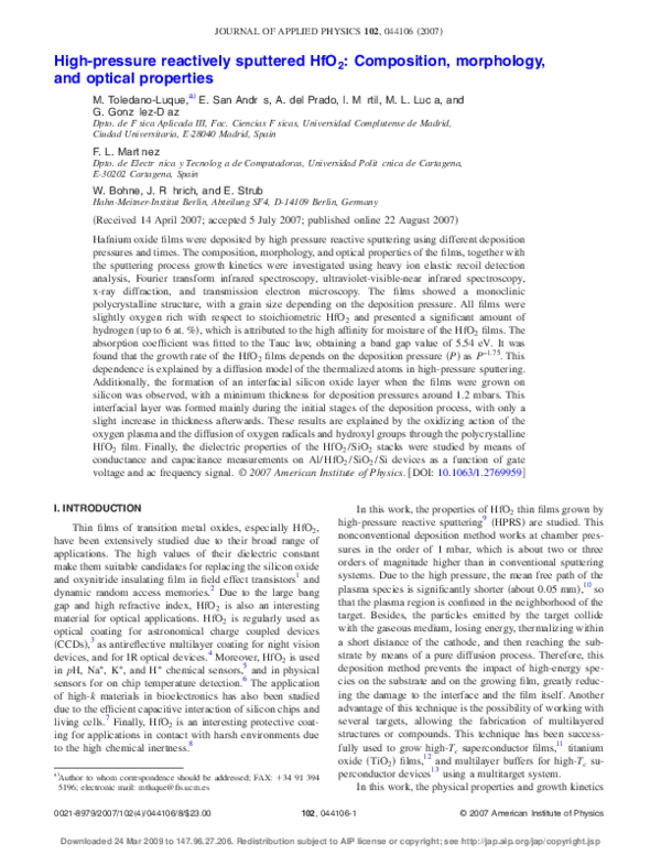 (PDF) High-pressure reactively sputtered HfO2: Composition, morphology ...
