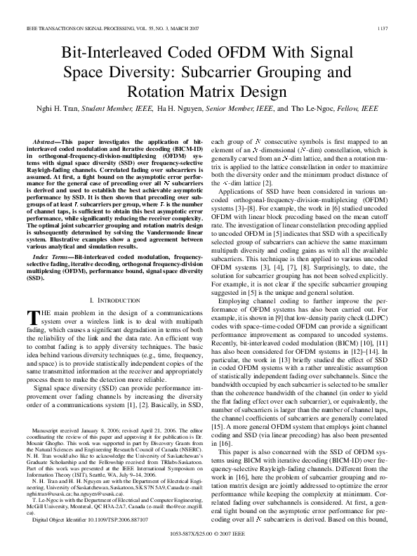 (PDF) Bit-Interleaved Coded OFDM With Signal Space Diversity: Subcarrier Grouping and Rotation ...