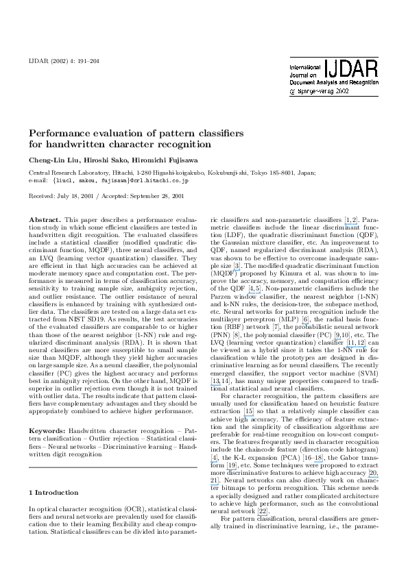 Pdf Performance Evaluation Of Pattern Classifiers For Handwritten