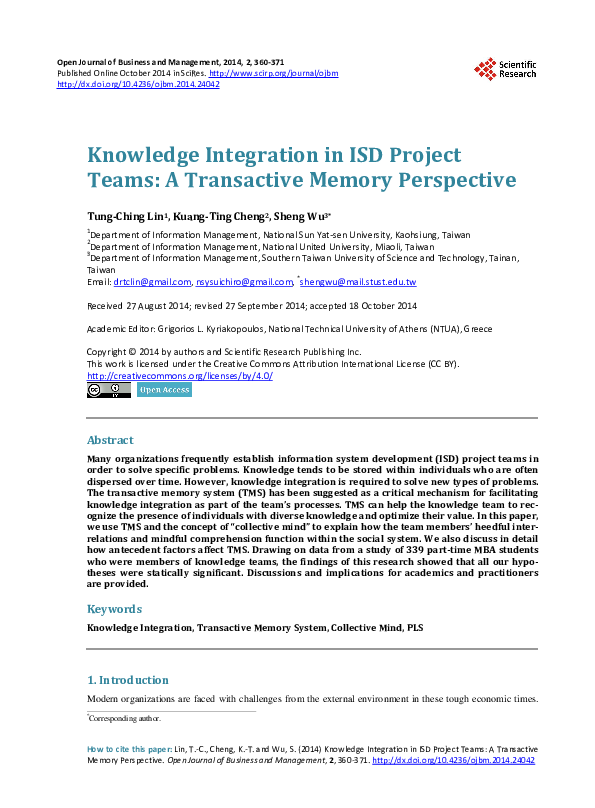 (PDF) Knowledge Integration in ISD Project Teams: A Transactive Memory ...