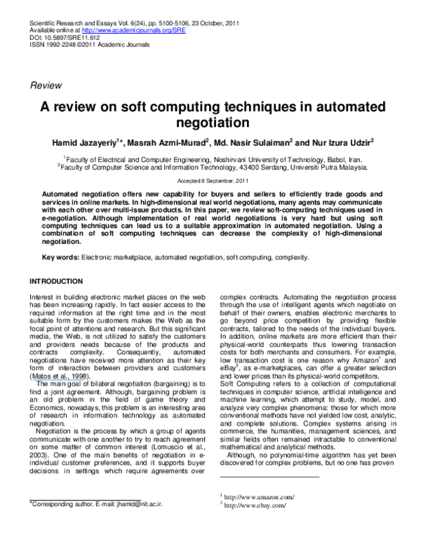(PDF) A review on soft computing techniques in automated negotiation