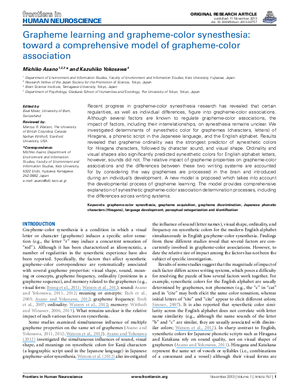 (PDF) Grapheme learning and grapheme-color synesthesia: toward a comprehensive model of grapheme ...