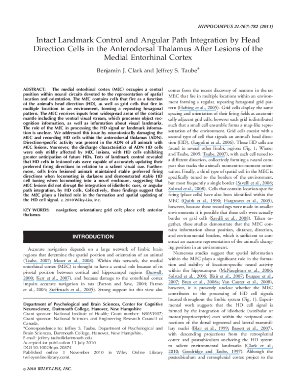 (PDF) Intact landmark control and angular path integration by head direction cells in the ...