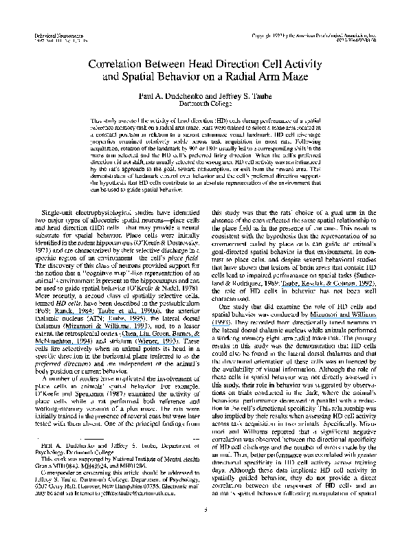 (PDF) Correlation between head direction cell activity and spatial behavior on a radial arm maze