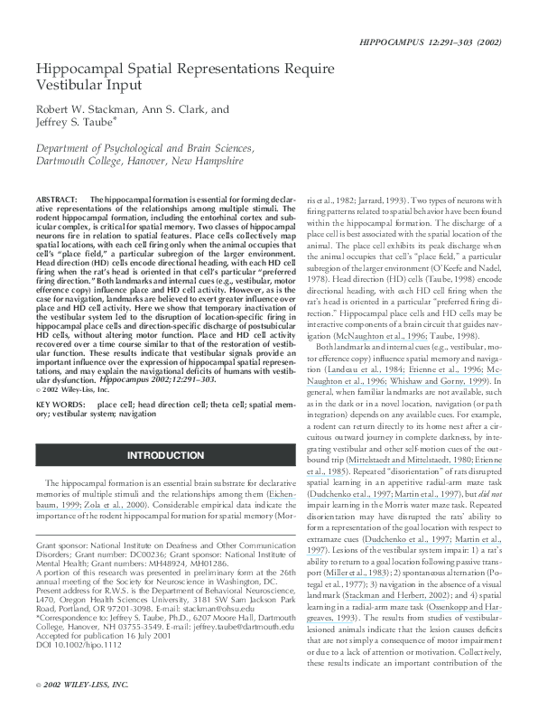 (PDF) Hippocampal spatial representations require vestibular input