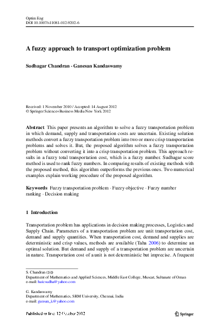 (PDF) A fuzzy approach to transport optimization problem