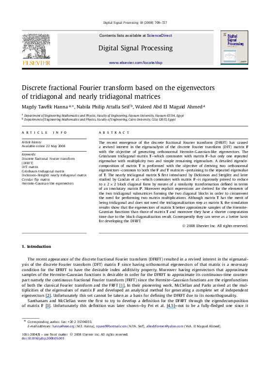 Pdf Discrete Fractional Fourier Transform Based On The Eigenvectors Of Grünbaum Tridiagonal Matrix