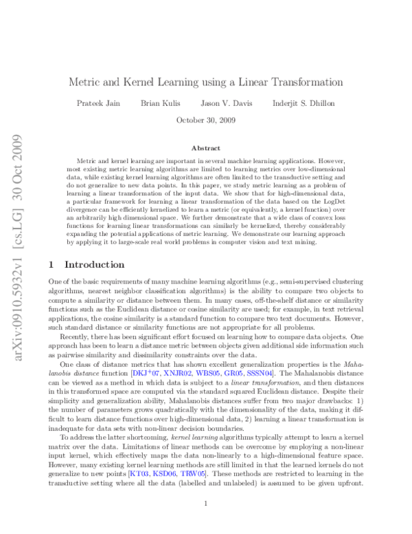 (PDF) Metric and Kernel Learning using a Linear Transformation