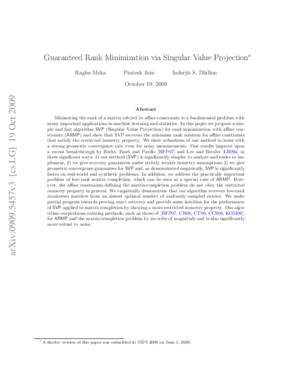 Pdf Guaranteed Rank Minimization Via Singular Value Projection