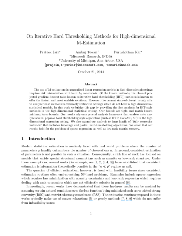 Pdf On Iterative Hard Thresholding Methods For High Dimensional M Estimation
