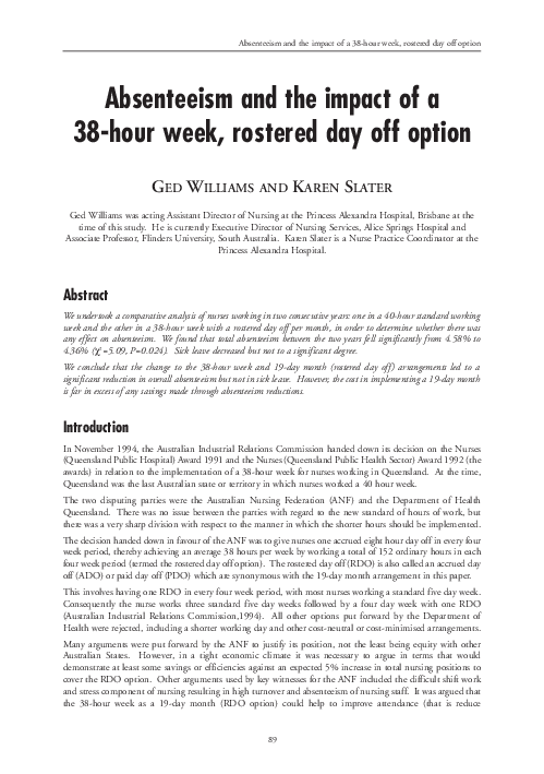 (PDF) Absenteeism and the impact of a 38-hour week, rostered day off option