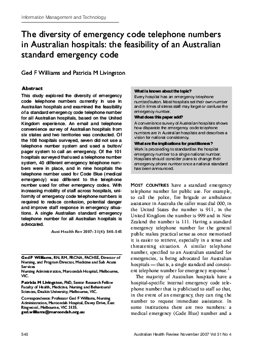 (PDF) The diversity of emergency code telephone numbers in Australian ...