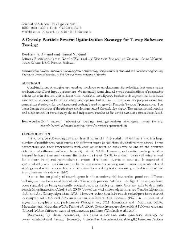 Pdf A Greedy Particle Swarm Optimization Strategy For T Way Software Testing