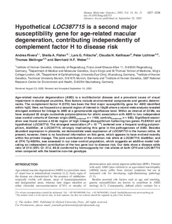 (PDF) Hypothetical LOC387715 is a second major susceptibility gene for age-related macular ...