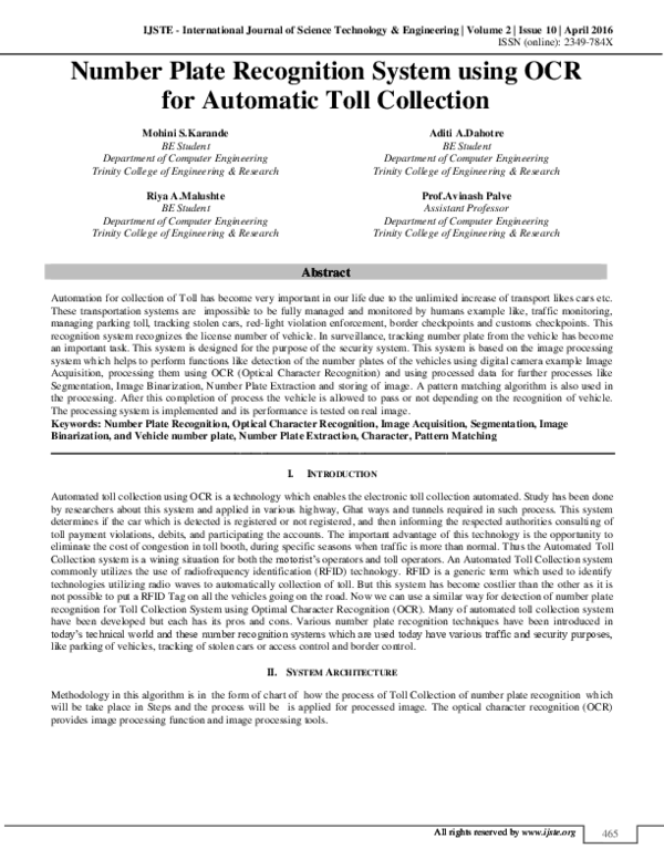 (PDF) Number Plate Recognition System using OCR for Automatic Toll ...