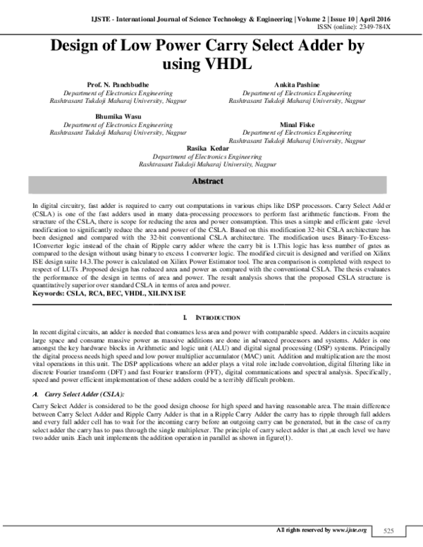 (PDF) Design of Low Power Carry Select Adder by using VHDL