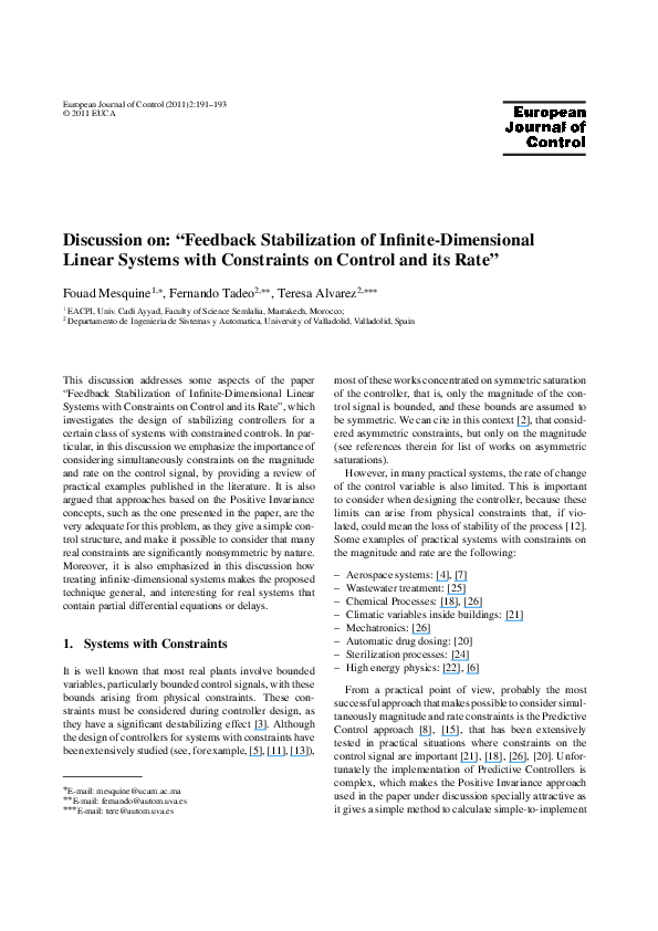 (PDF) Feedback Stabilization of Infinite-Dimensional Linear Systems with Constraints on Control ...