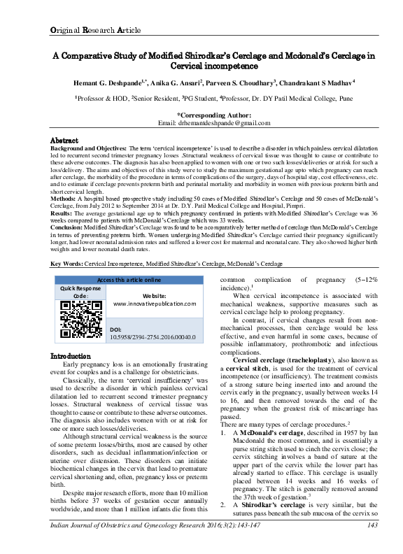 (PDF) A Comparative Study of Modified Shirodkar's Cerclage and Mcdonald ...