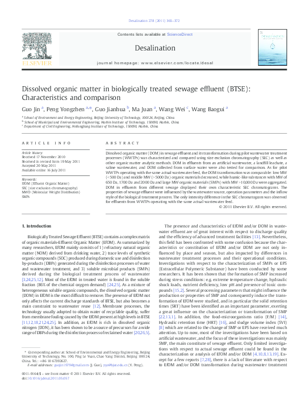 (PDF) Dissolved organic matter in biologically treated sewage effluent (BTSE): Characteristics ...
