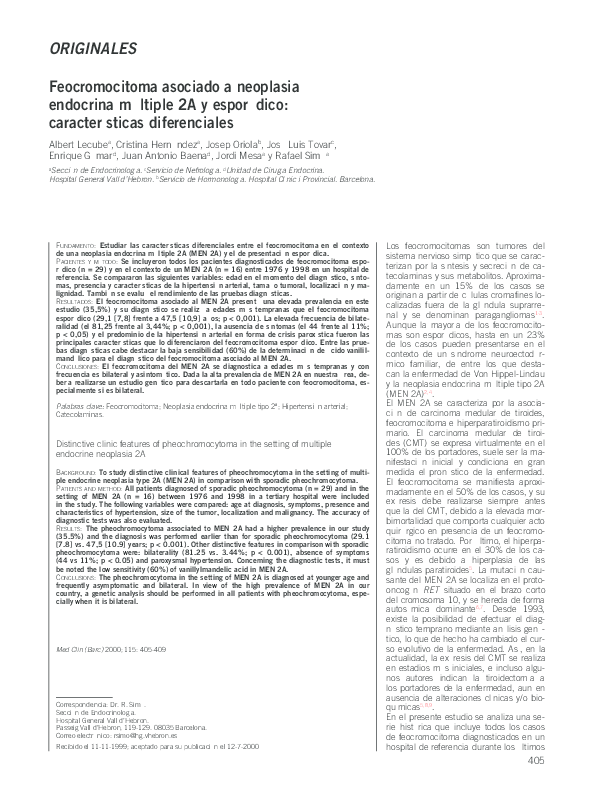 (PDF) Feocromocitoma asociado a neoplasia endocrina múltiple 2A y esporádico: características ...
