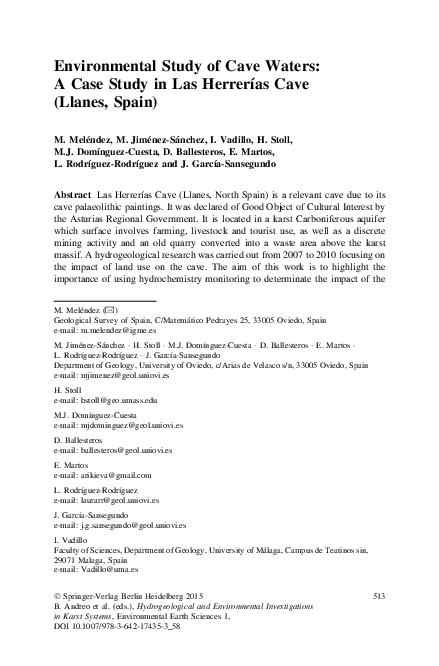 (PDF) Environmental Study of Cave Waters: A Case Study in Las Herrerías Cave (Llanes, Spain)