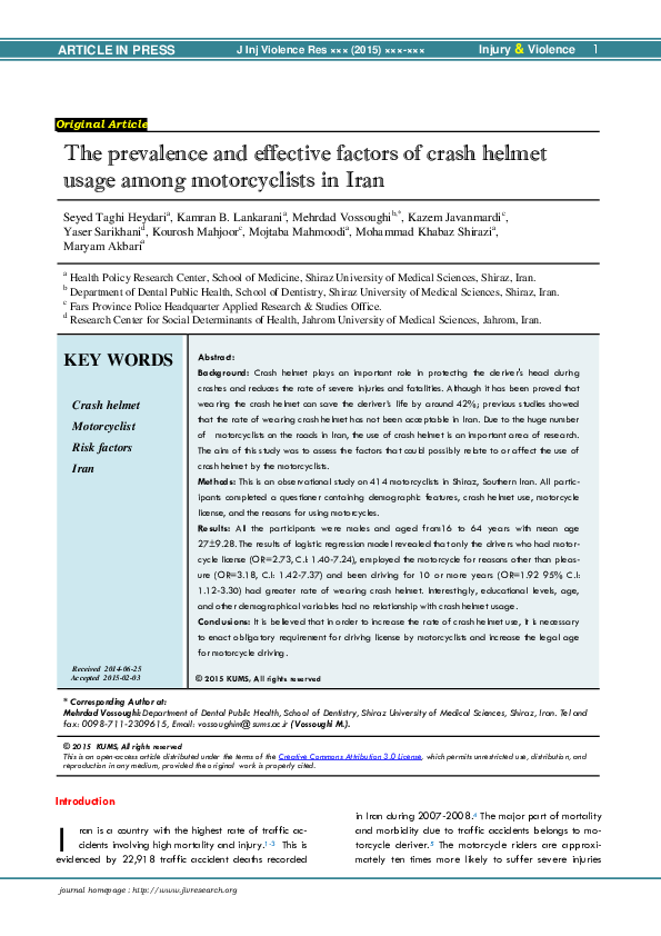 (PDF) The prevalence and effective factors of crash helmet usage among motorcyclists in Iran