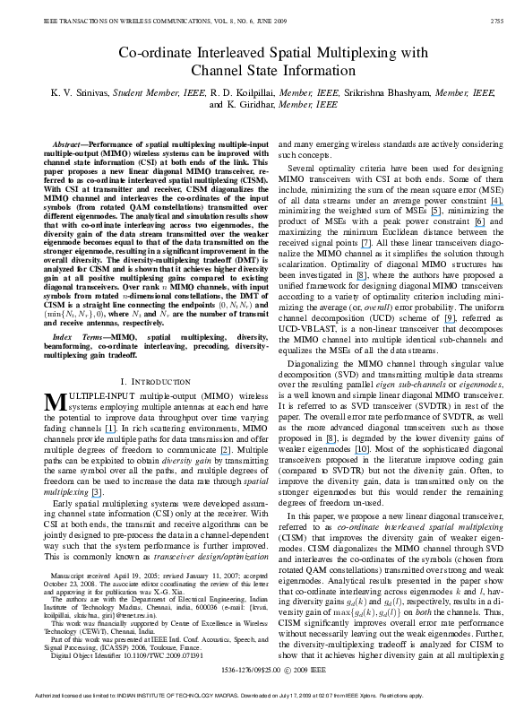 (PDF) Co-ordinate interleaved spatial multiplexing with channel state information