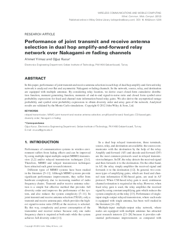 (PDF) Performance of joint transmit and receive antenna selection in Nakagami-m fading channels