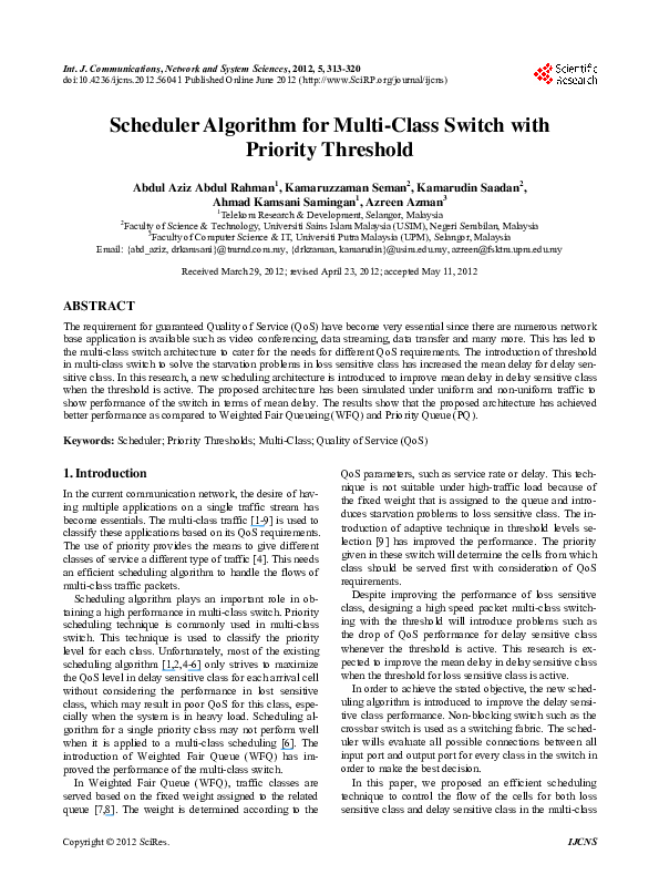 Scheduler Algorithm For Multi Class Switch With Priority Threshold