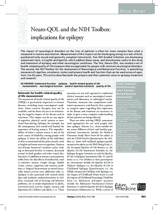 (PDF) Neuro-QOL and the NIH Toolbox: implications for epilepsy