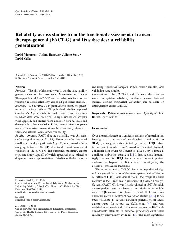 (PDF) Reliability across studies from the functional assessment of ...